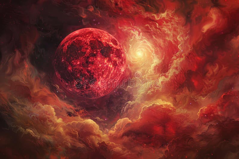 A Painting Depicting a Red Planet Emerging in the Sky, an Abstract ...