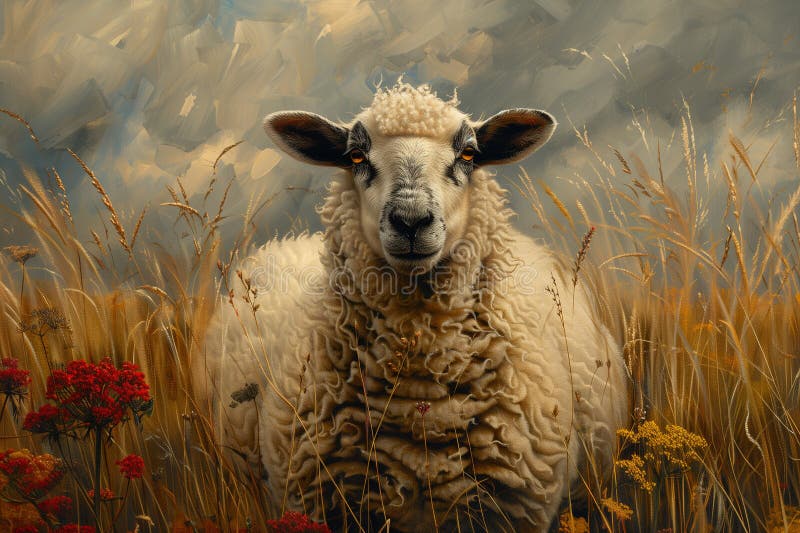A Painting Depicting a Sheep Standing in a Field Stock Image - Image of ...