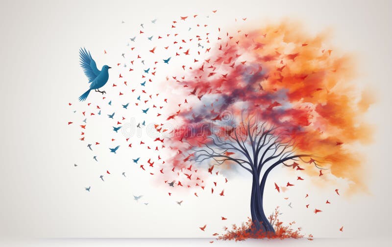 Birds Flying Around Tree Painting. Generative AI Stock Illustration ...