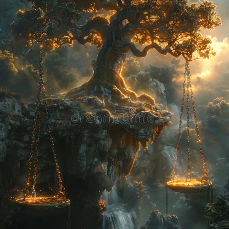 A Painting Depicting a Tree Perched on the Edge of a Cliff, Seemingly ...