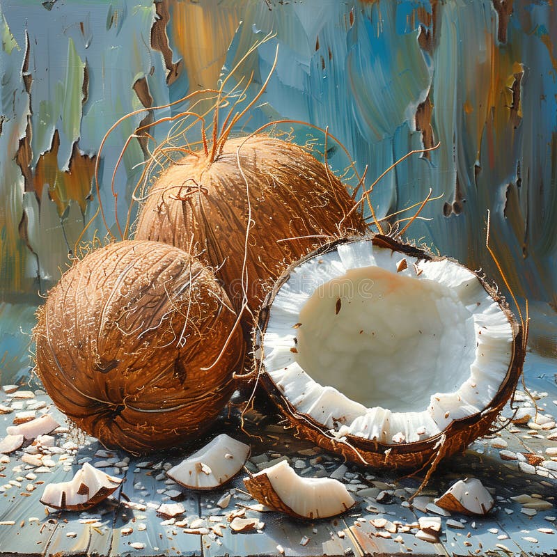A Painting Depicting Two Coconuts Placed on a Table Stock Photo - Image ...