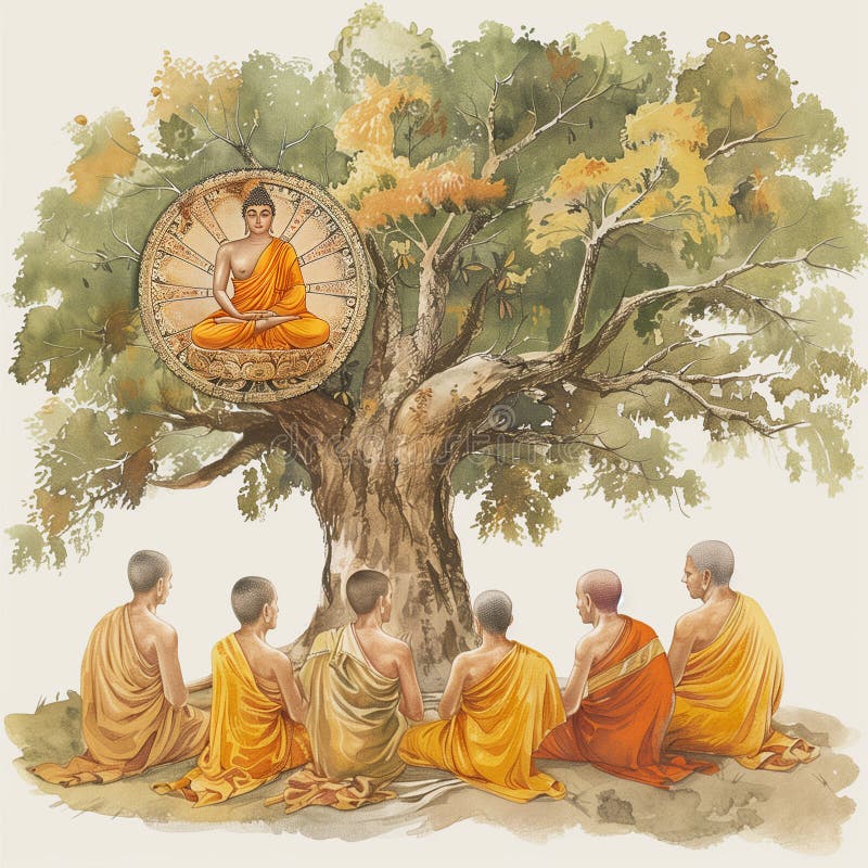Buddhist Monks Gathering Under a Tree with Buddha Image Stock ...