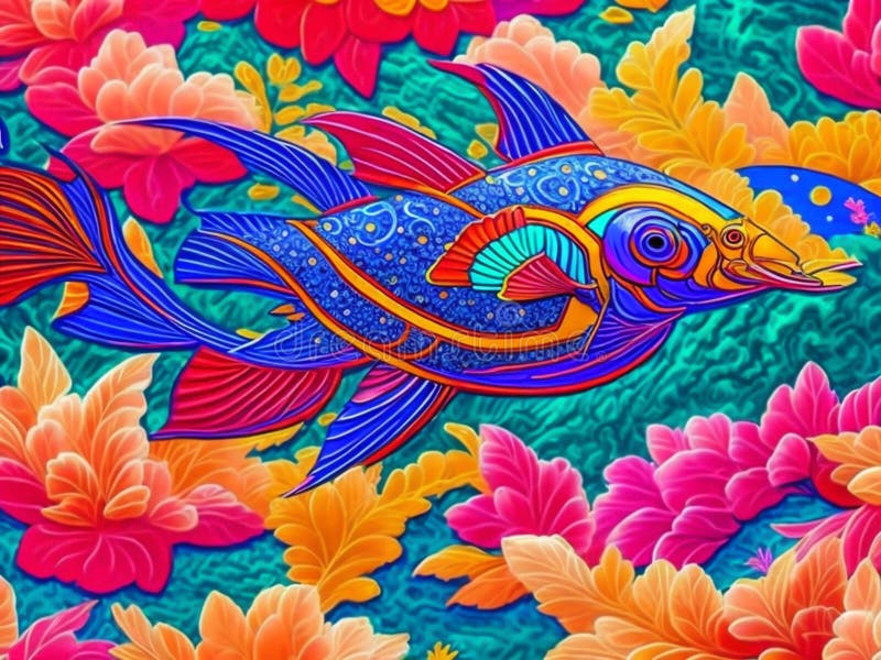 Painting Depicts a Magnificent Blue Fish Adorned with an Array of ...