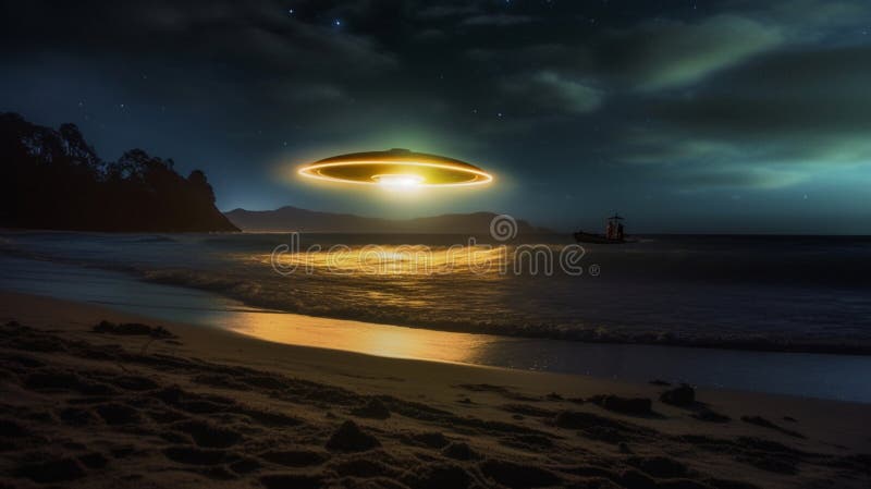 A Disk-shaped Alien Spacecraft Lands on the Ocean Coast, Above the ...