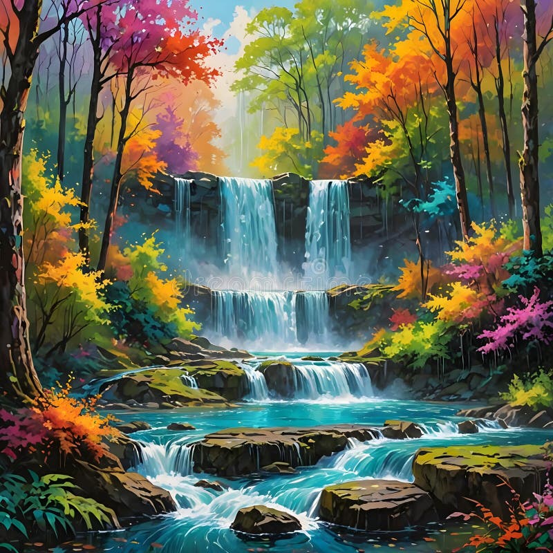 Autumn Tree Waterfall Landscape Painting Forest Serene Stock Photos ...