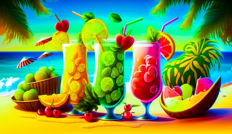 Painting of Different Types of Drinks on Beach with View of the Ocean ...