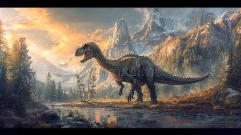 Painting of a Dinosaur with Mountain Landscape Stock Illustration ...