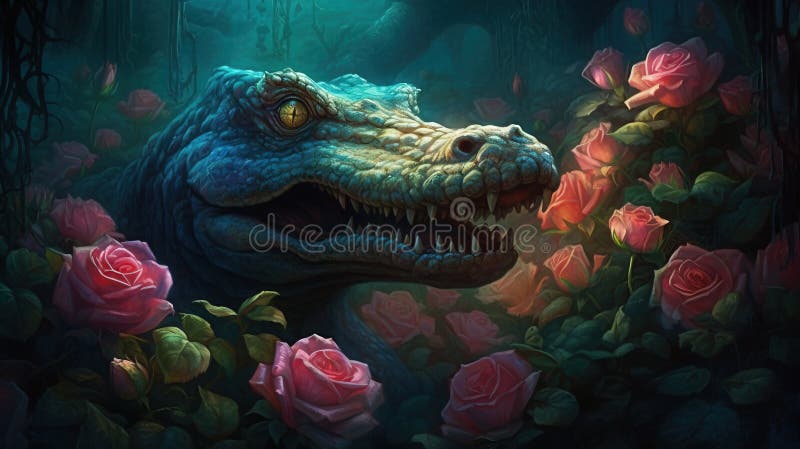 A Painting of a Dinosaur with Roses in the Foreground Stock ...