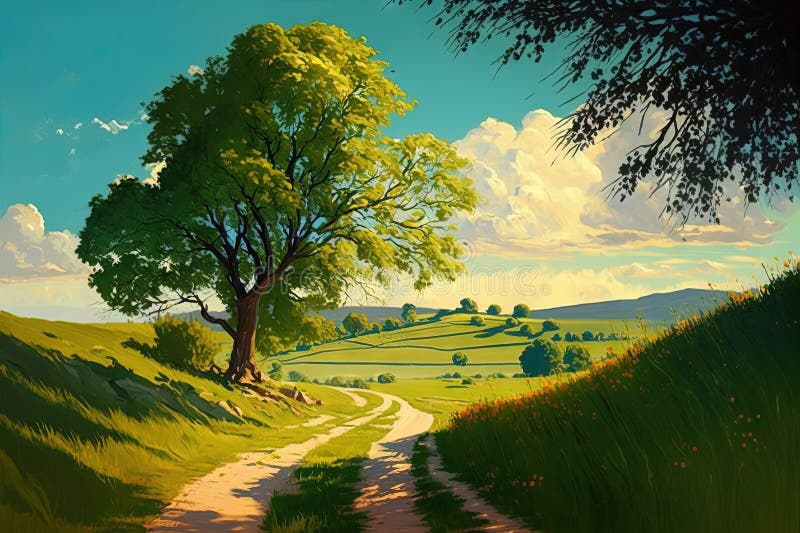 A Painting of a Dirt Road with a Tree on the Side Stock Illustration ...