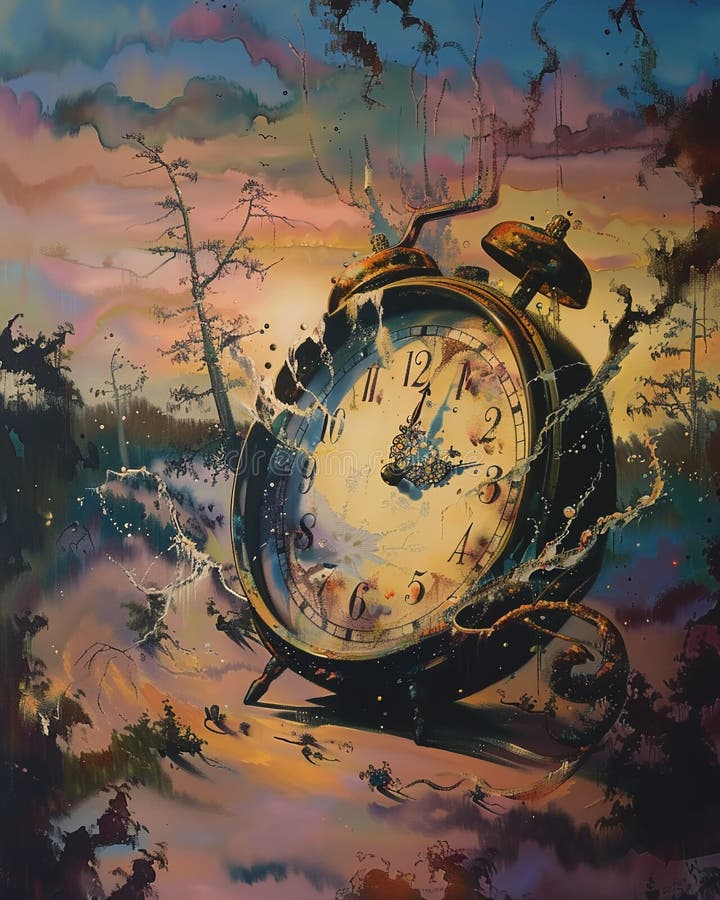 Painting of a Distorted Clock, Surreal Elements, Dusk Light ...