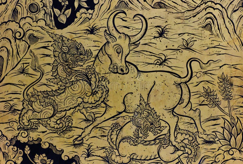 Painting of Dragon and Bull Fighting Stock Photo - Image of gold ...