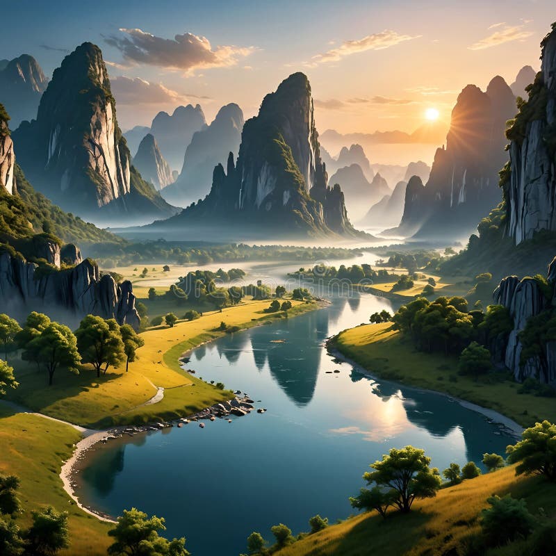 A Painting of Dramatic Mountains Bask in the Warm Glow of a Rising Sun ...