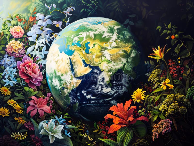 A Painting of the Earth Surrounded by Flowers Stock Photo - Image of ...