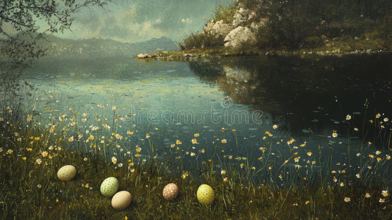 Painting of Eggs Resting in a Field beside a Flowing River with Lush ...