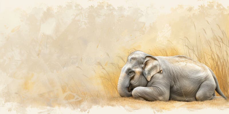 A Painting of an Elephant Laying Down in the Grass Stock Illustration ...