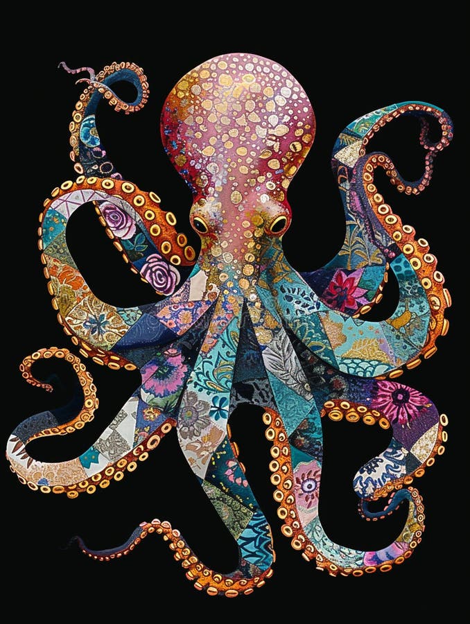 Octopus with Multicolored Tentacles on Black Background Stock ...