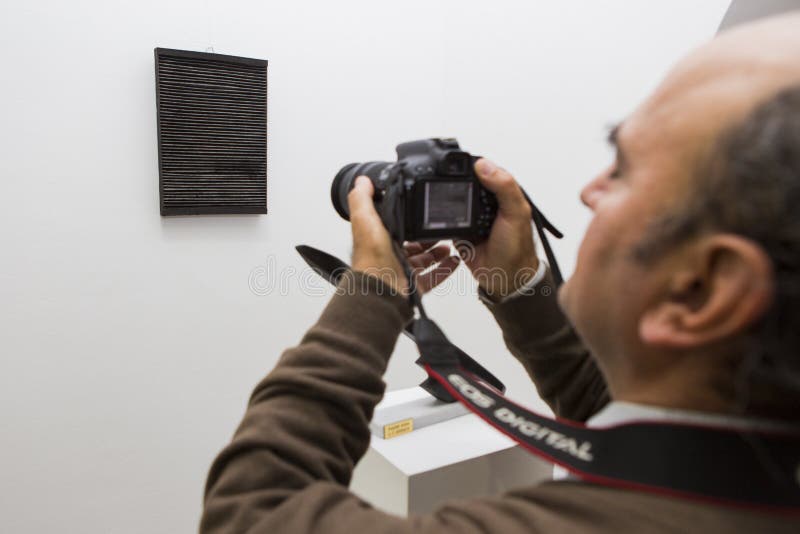 Reporter Photographing a Painting on an Art Exhibition Editorial ...