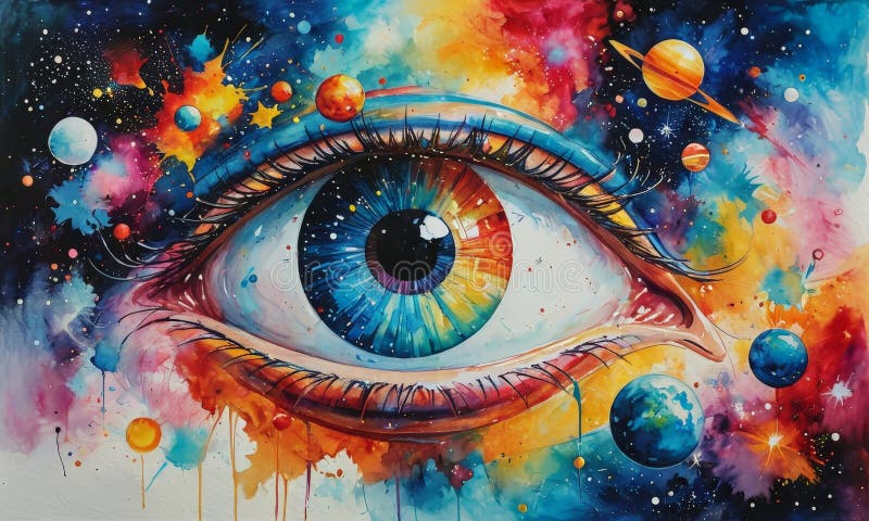 Painting Eye with Planets and in the Background Stock Illustration ...
