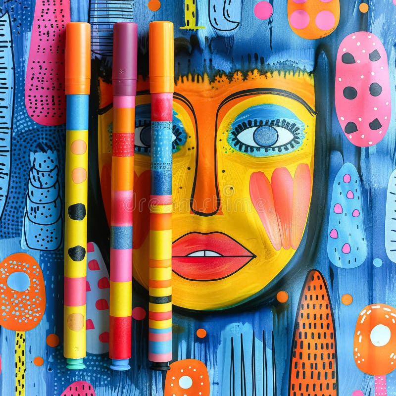 A Painting of a Face with Three Different Colored Pens on it Stock ...