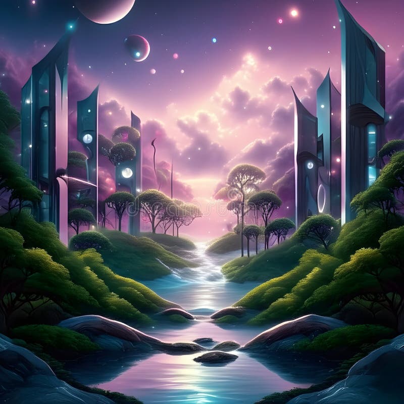 Painting Fantasy City Stream Stock Illustration - Illustration of ...