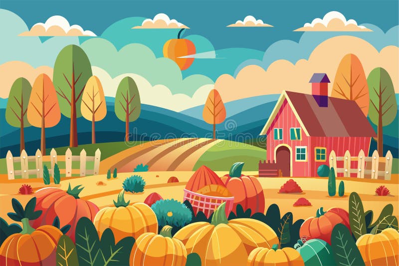 A Painting of a Farm Featuring a Pumpkin Patch and a House, Pumpkin ...