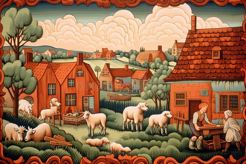 A Painting of a Farm Scene with Sheep. Generative AI Image. Stock Image ...