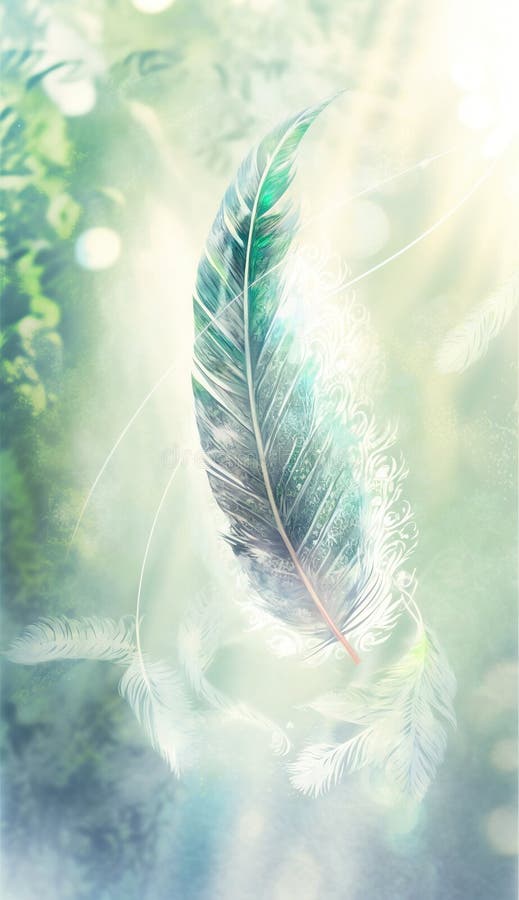 A Painting of a Feather Floating in the Air Over a Forest. Stock ...