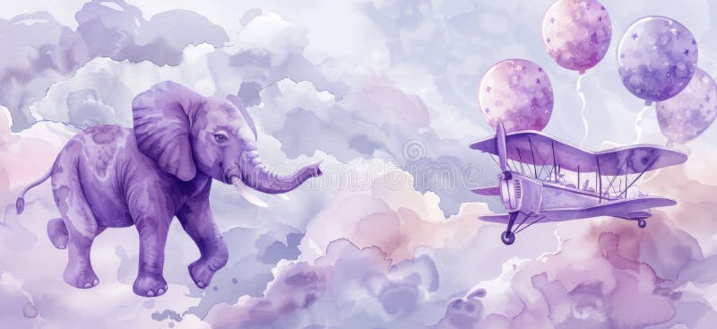 A Painting Featuring an Elephant and a Plane in the Sky. Suitable for ...