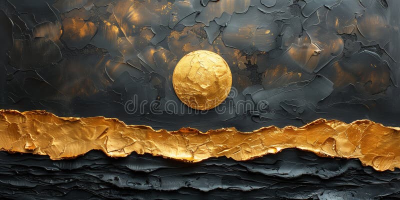 A Painting Featuring a Gold Disk Against a Black Background Stock Image ...