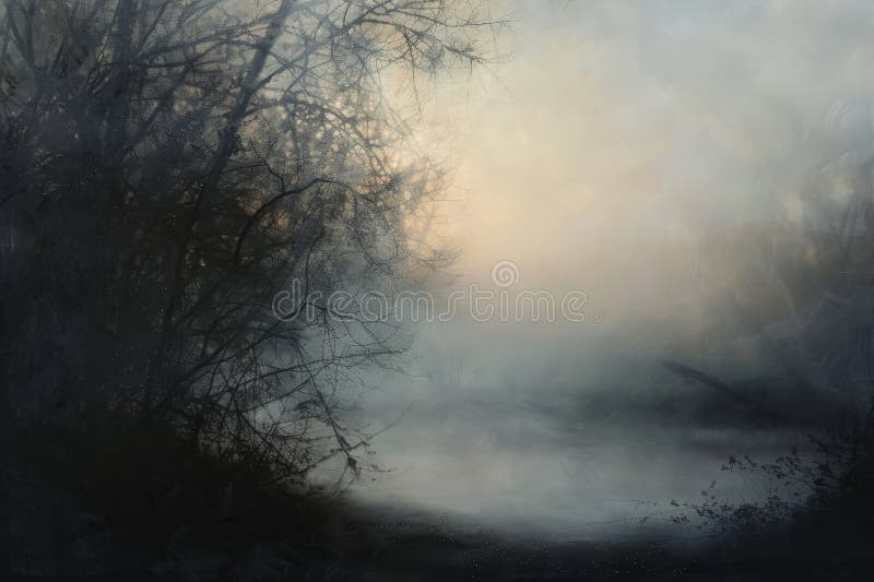 A Painting Featuring a Misty River with Trees in the Background during ...