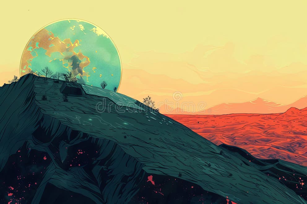 Mountain Painting with Full Moon Stock Illustration - Illustration of ...