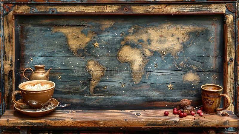 Painting Featuring World Map with Various Coffee Cups Placed on ...