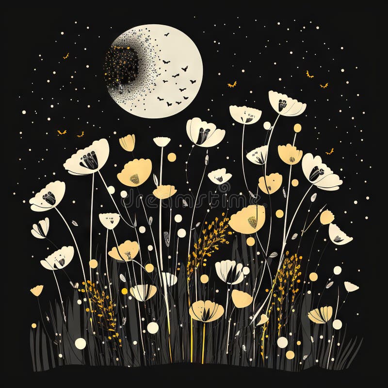 A Painting of a Field of Flowers with a Full Moon in the Background ...
