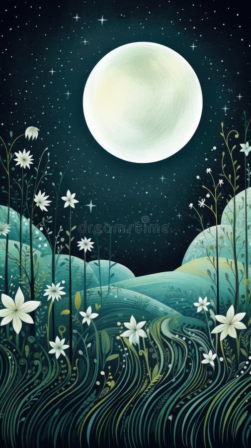 A Painting of a Field with Flowers Under a Full Moon Stock Illustration ...