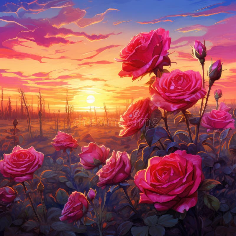 A Painting of a Field of Roses Stock Illustration - Illustration of ...