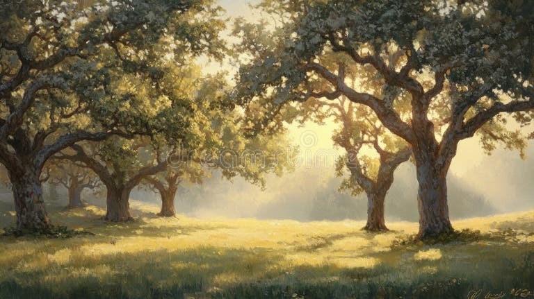 A Painting of a Field with Trees and Grass Stock Illustration ...