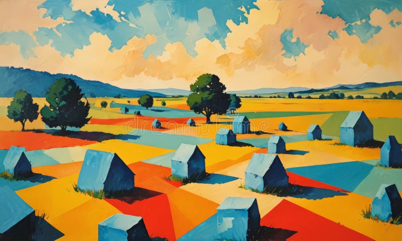 Painting Field with Trees and Houses Stock Illustration - Illustration ...