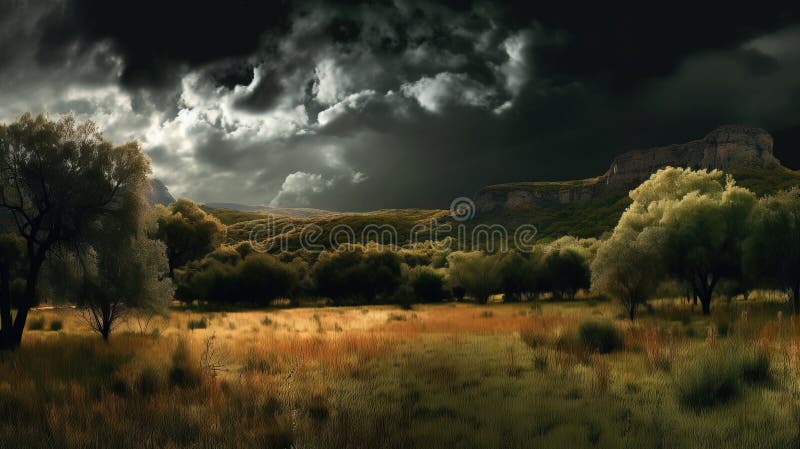 A Painting of a Field with Trees and a Mountain in the Background with ...