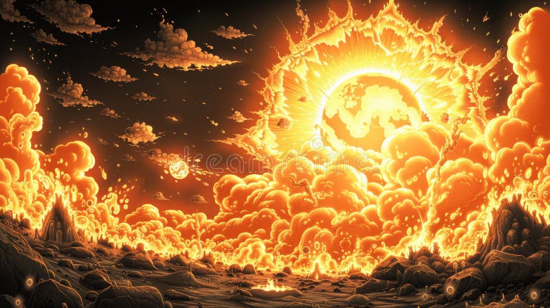 A Painting of a Fiery Landscape with the Sun in it, AI Stock Photo ...