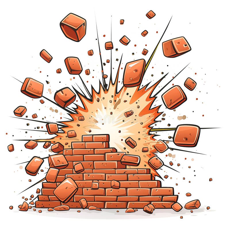 A Brick Wall with a Hole in it and a Large Explosion of Bricks Stock ...