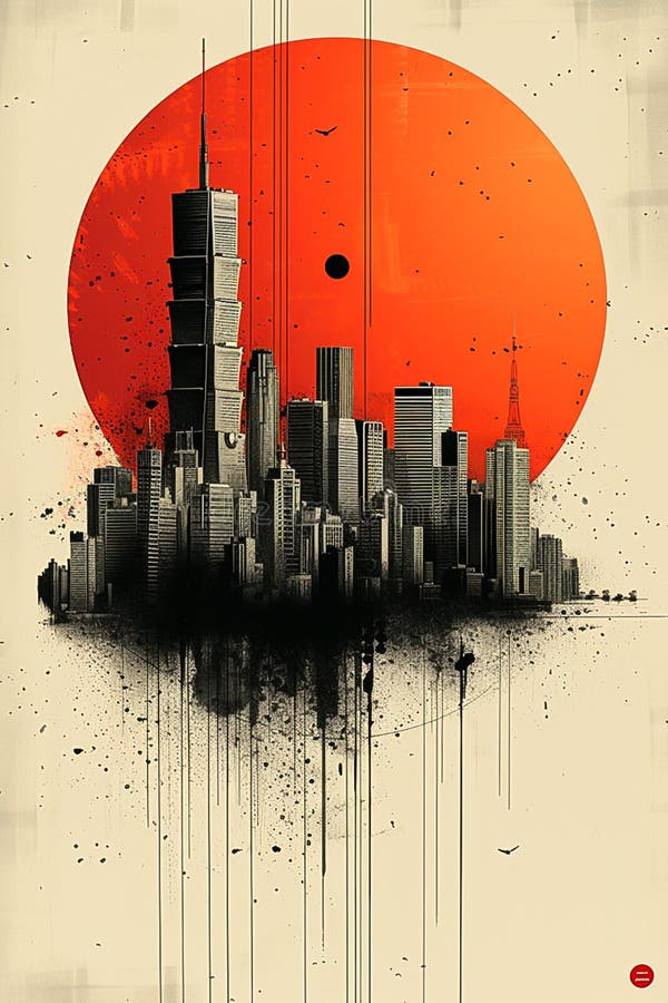 Picture of a City with a Red Sun in the Background Stock Illustration ...