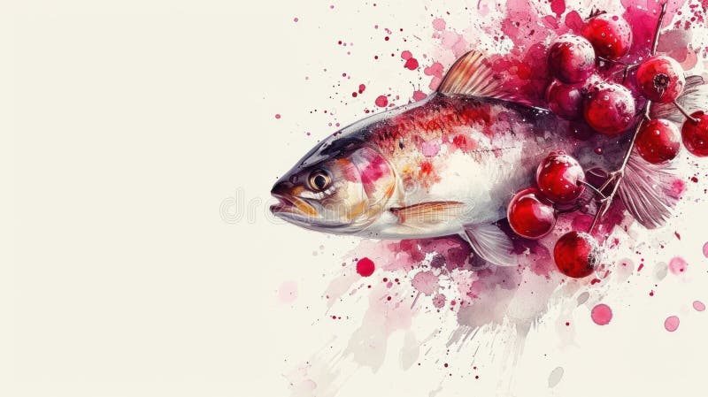A Painting of a Fish with Berries on it, AI Stock Illustration ...