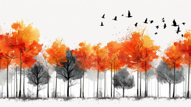 A Painting of a Flock of Birds Flying Over Trees, AI Stock Image ...