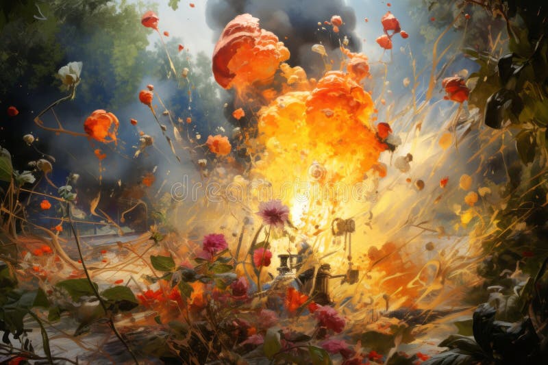 A Painting of Flowers Exploding in the Air Stock Illustration ...