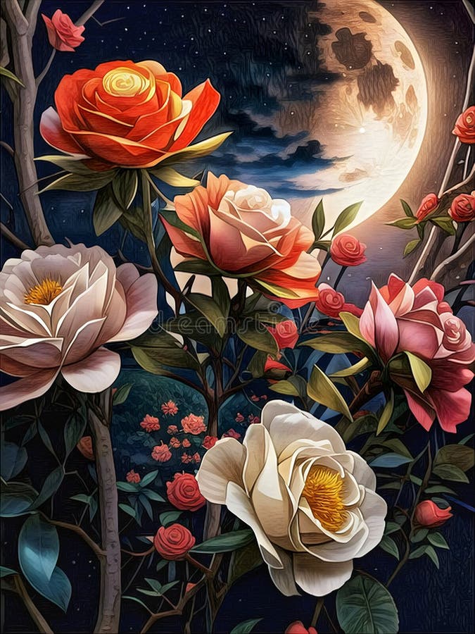 A Painting of Flowers and the Moon. Stock Illustration - Illustration ...