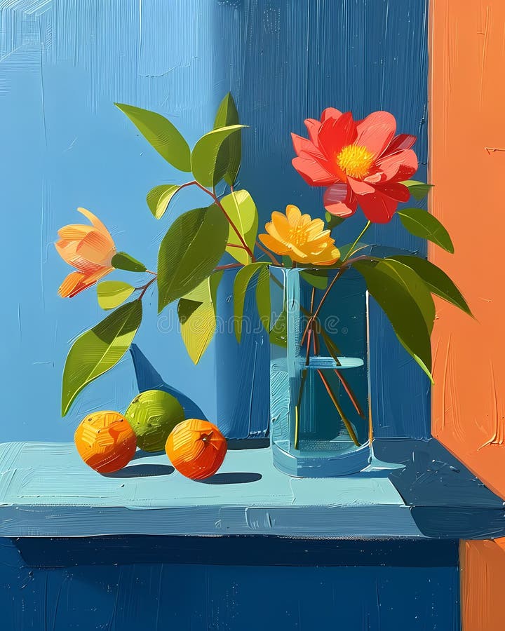 Painting of Flowers in a Vase and Oranges: Still Life Reference ...