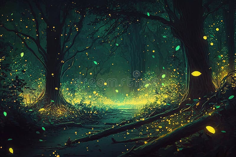 A Painting of a Forest with Fireflies in the Trees. Generative Ai Stock ...