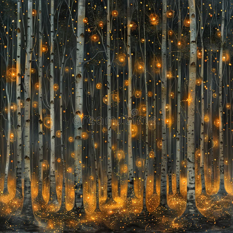 A Painting of a Forest with Glowing Trees. Stock Photo - Image of night ...
