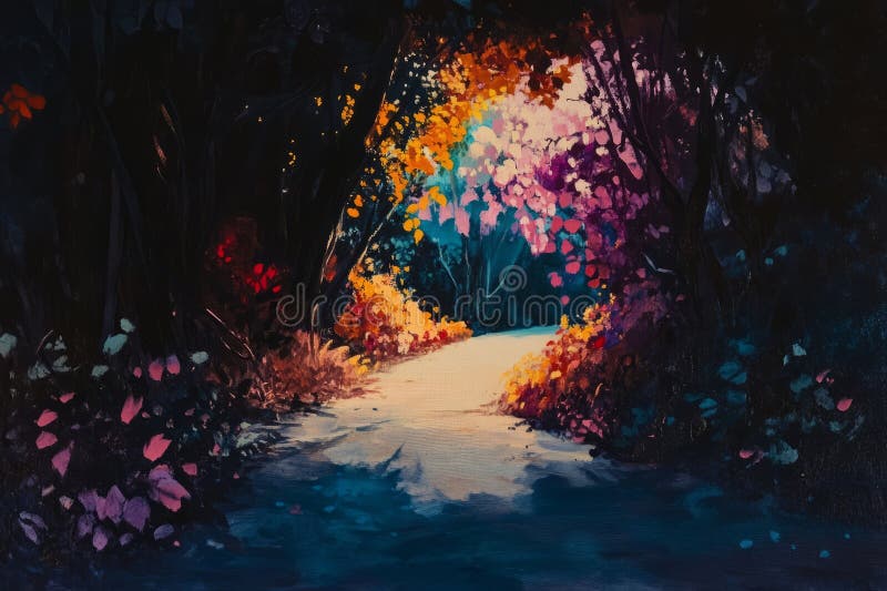 A Painting of a Forest Path with a Bridge Stock Illustration ...