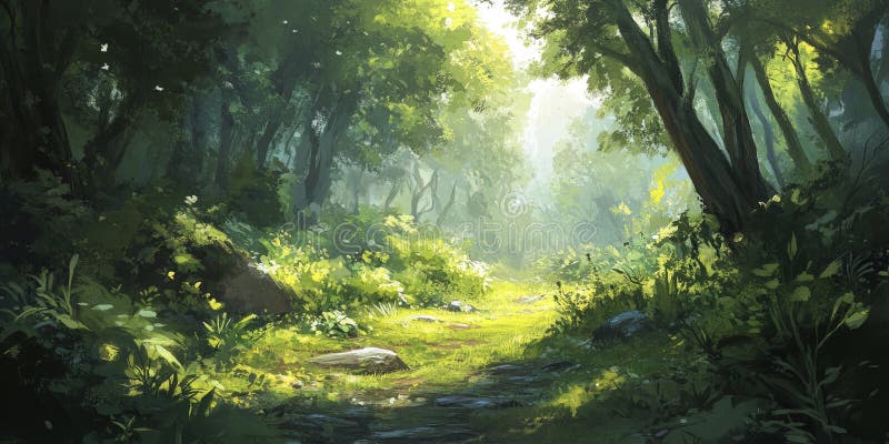 A Painting of a Forest with a Path through it Stock Illustration ...